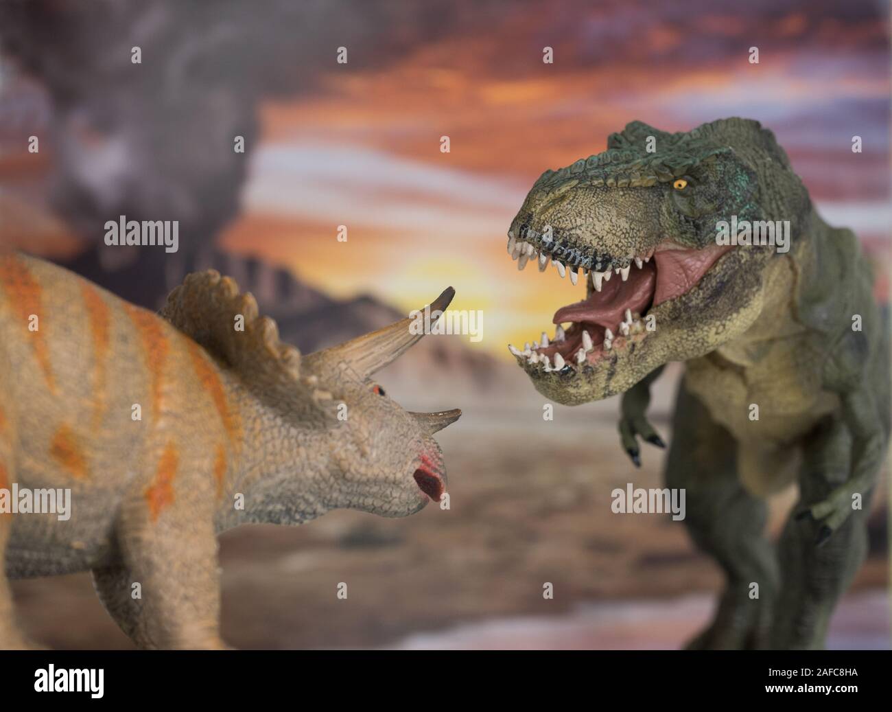 Tyrannosaurus rex fighting with a triceratops with erupting volcano in ...