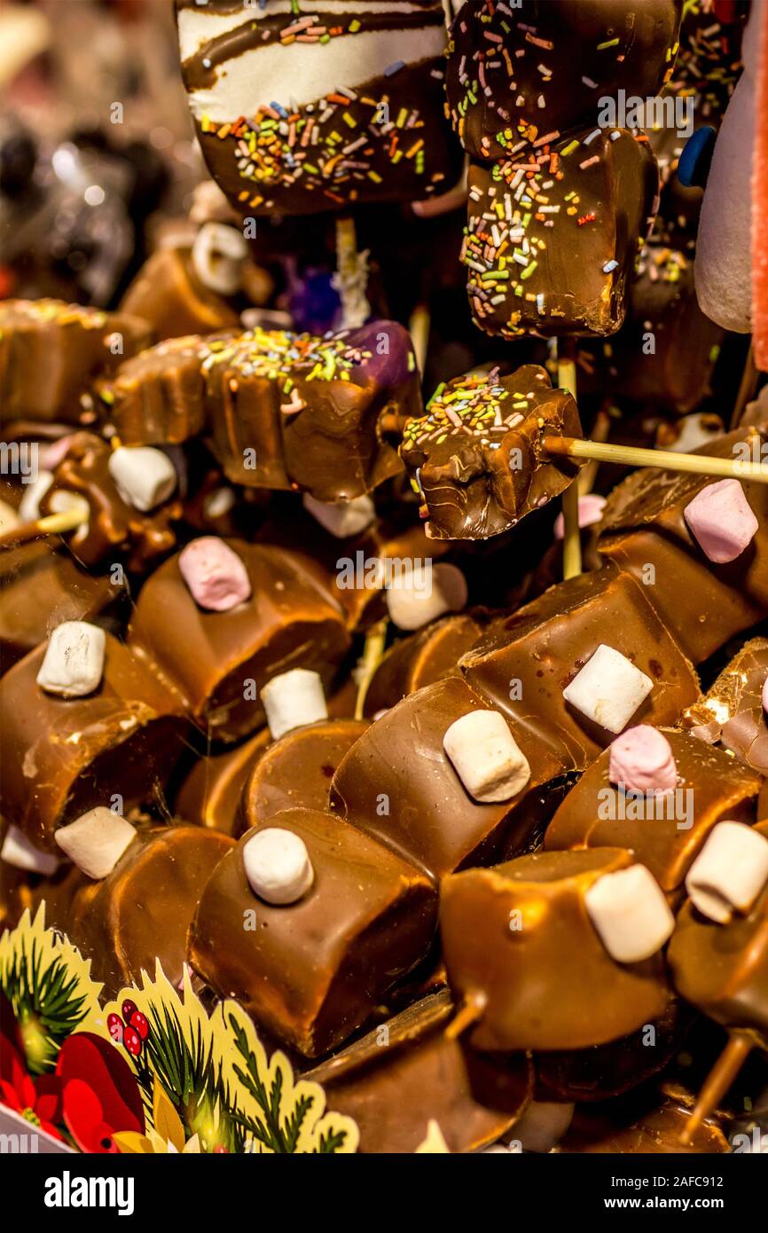 Chocolate for Christmas Assorted chocolate candy shop Stock Photo - Alamy