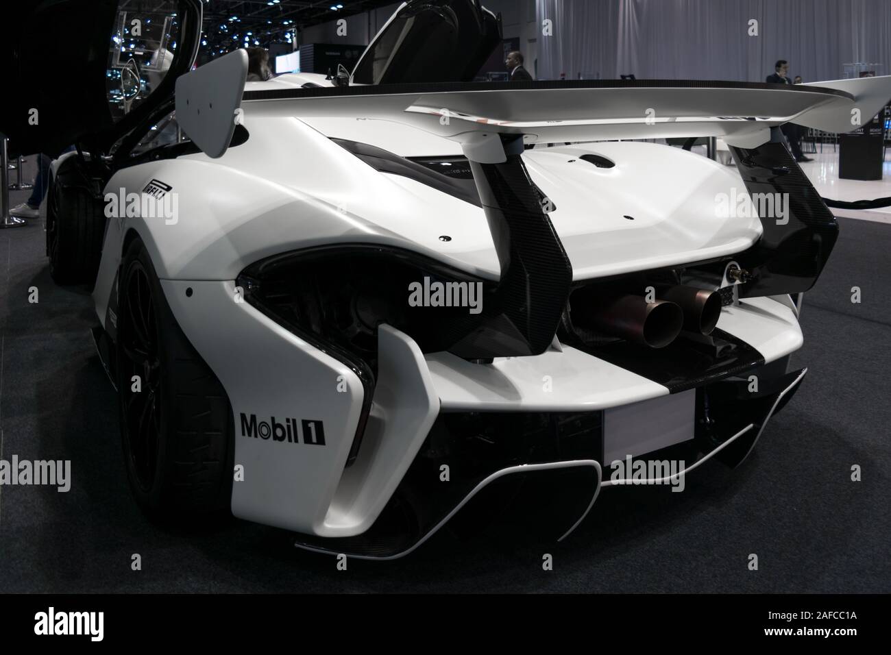 Modified track white McLaren P1 displayed in Dubai Car Show - high ...