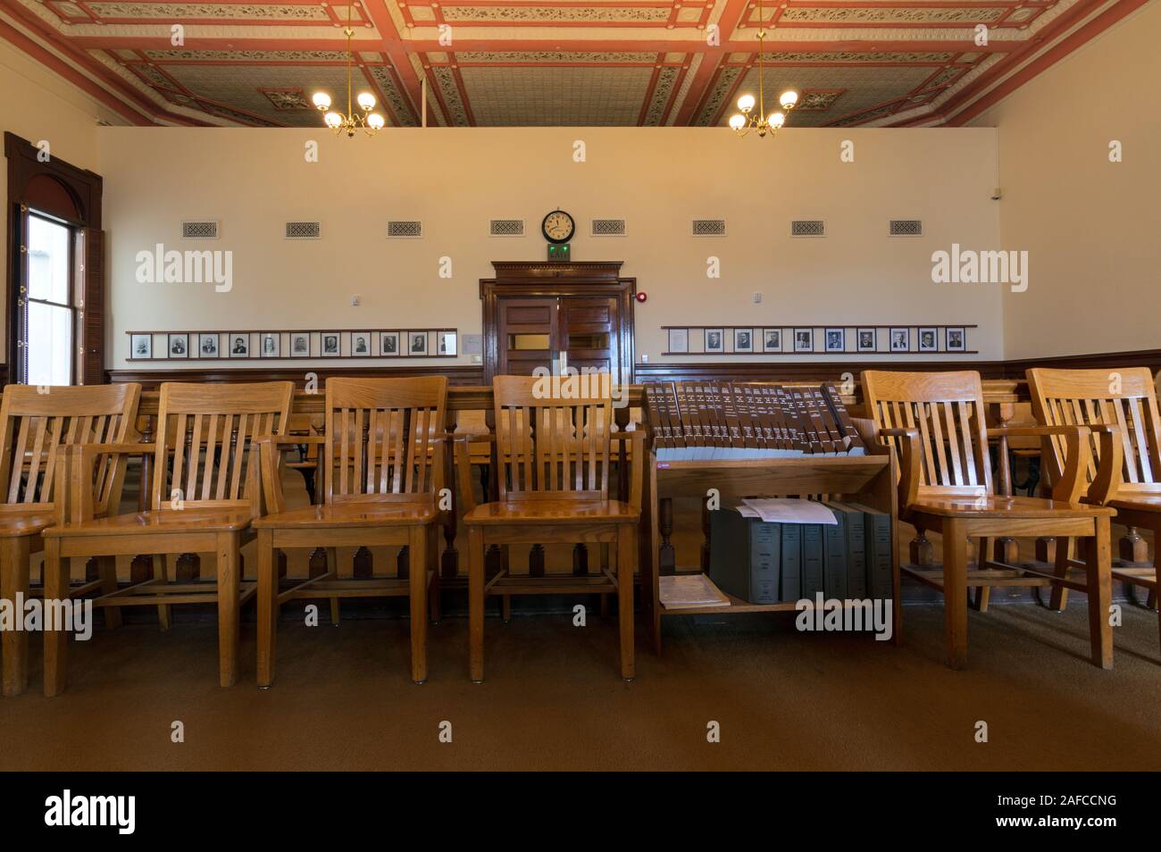 DALLAS, OREGON - MAY 11, 2015: Chairs Face the Bench in a Courtroom in ...