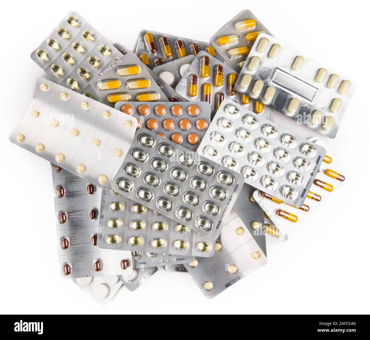 Mixed drugs isolated on white background as detailed close-up shot ...