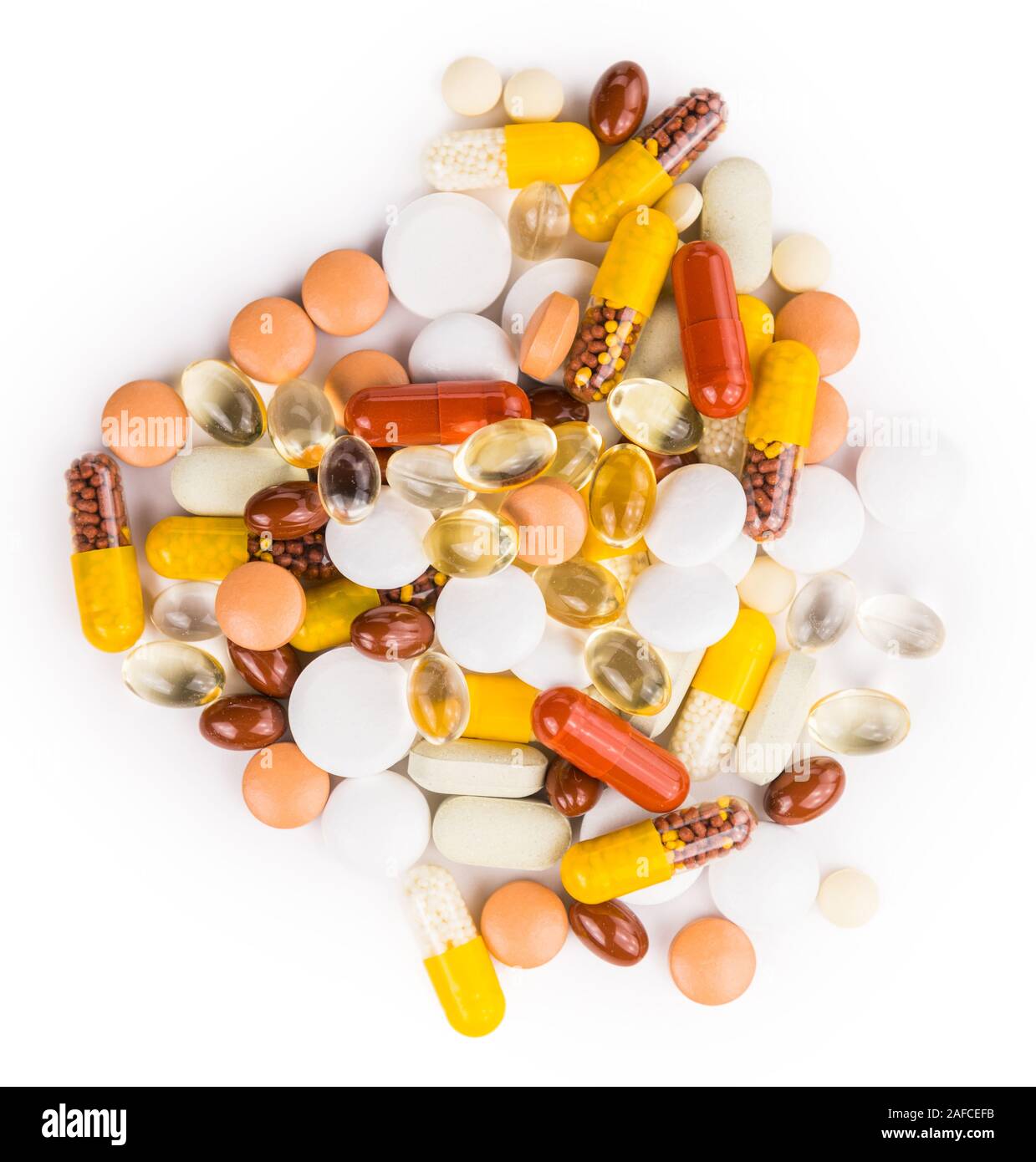 Mixed drugs isolated on white background as detailed close-up shot ...