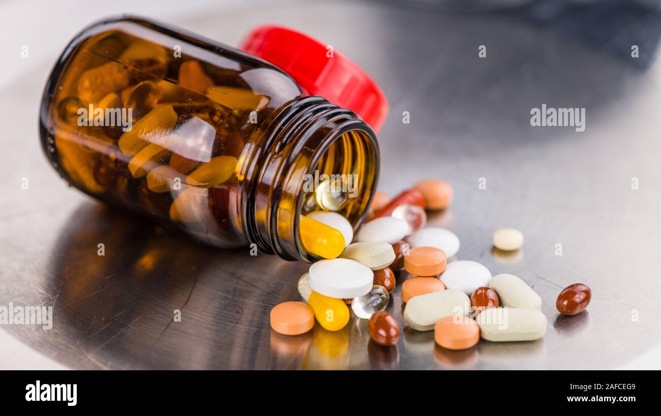 Mixed sorts of drugs as detailed close-up shot (selective focus Stock ...