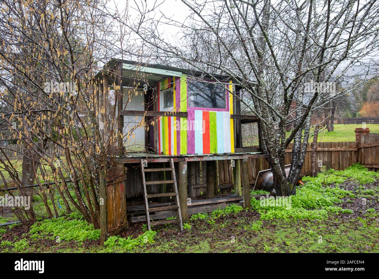 Childrens tree cubby house in a domestic garden in Tasmania on a ...