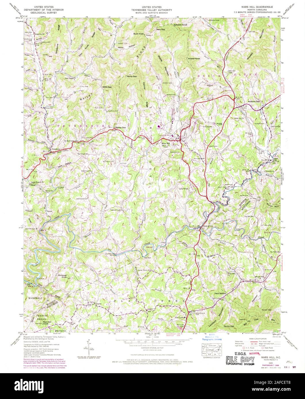USGS TOPO Map North Carolina NC Mars Hill 163420 1945 24000 Restoration ...