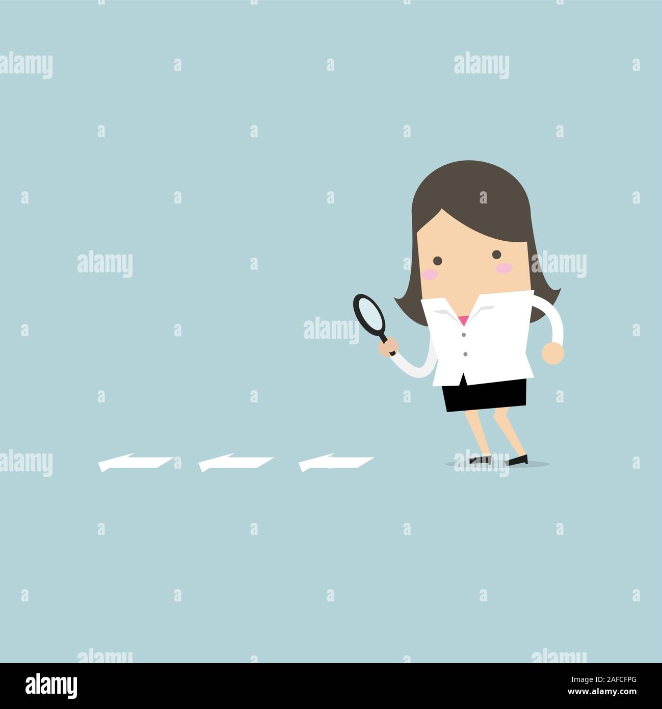 Businesswoman searching through a magnifying glass. Searching, details ...