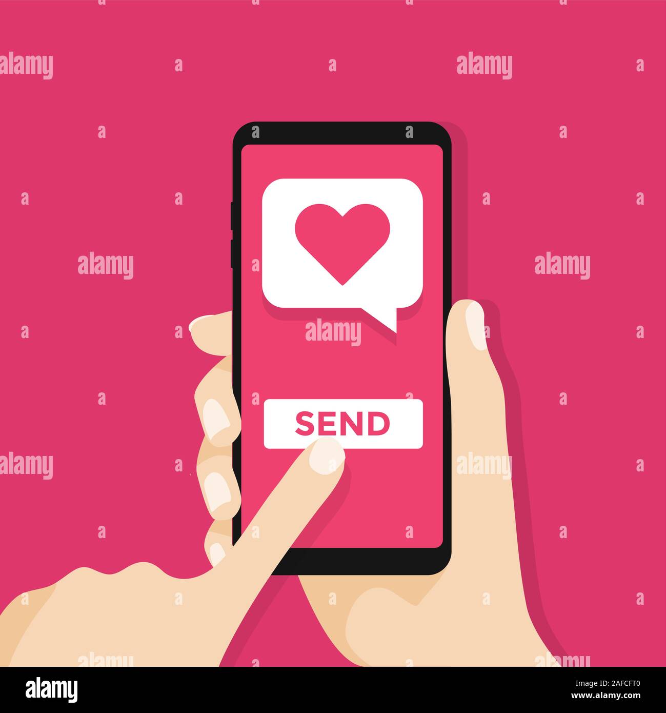 Sending love message. Hand holding phone with heart bubble, send button ...