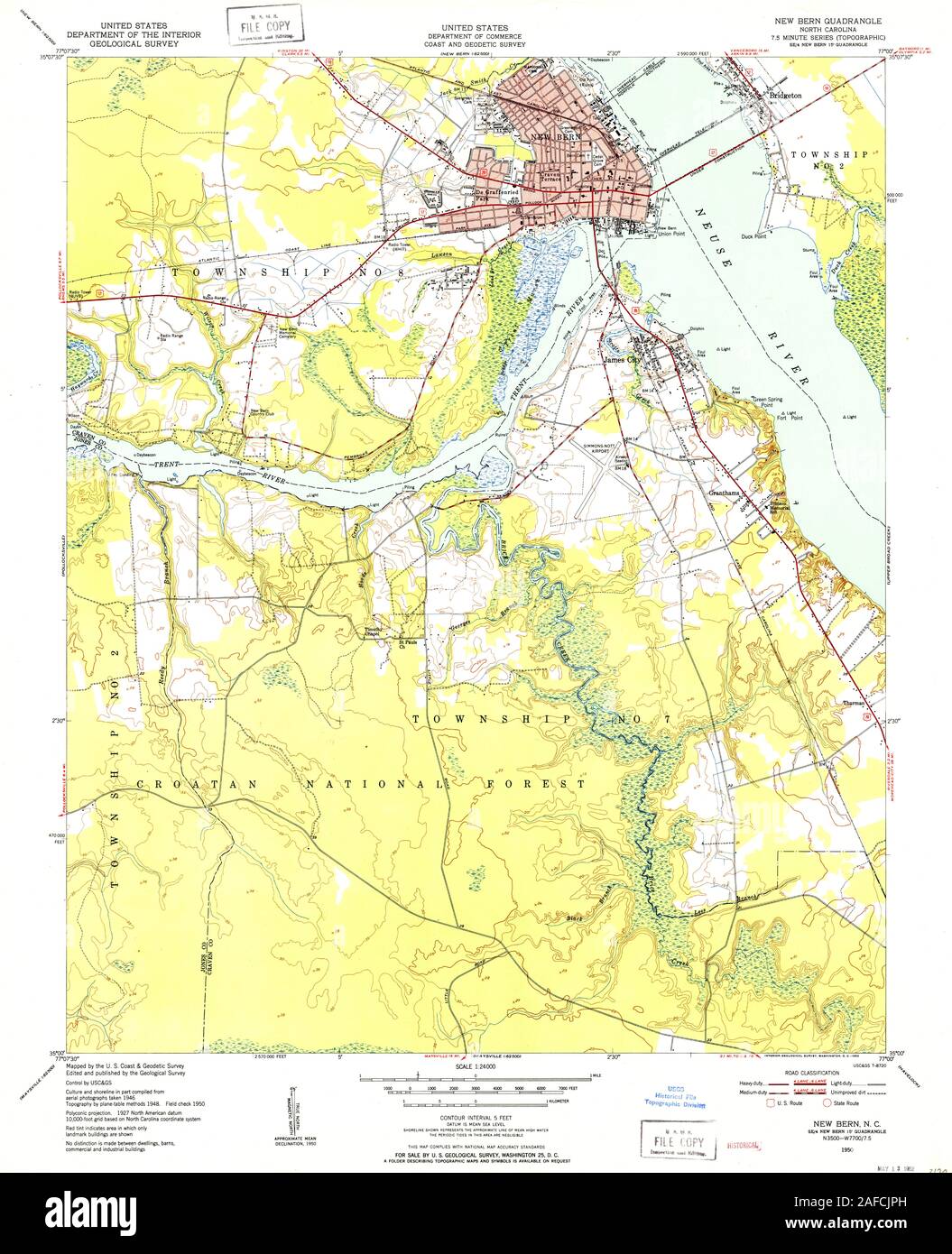 USGS TOPO Map North Carolina NC New Bern 163872 1950 24000 Restoration ...