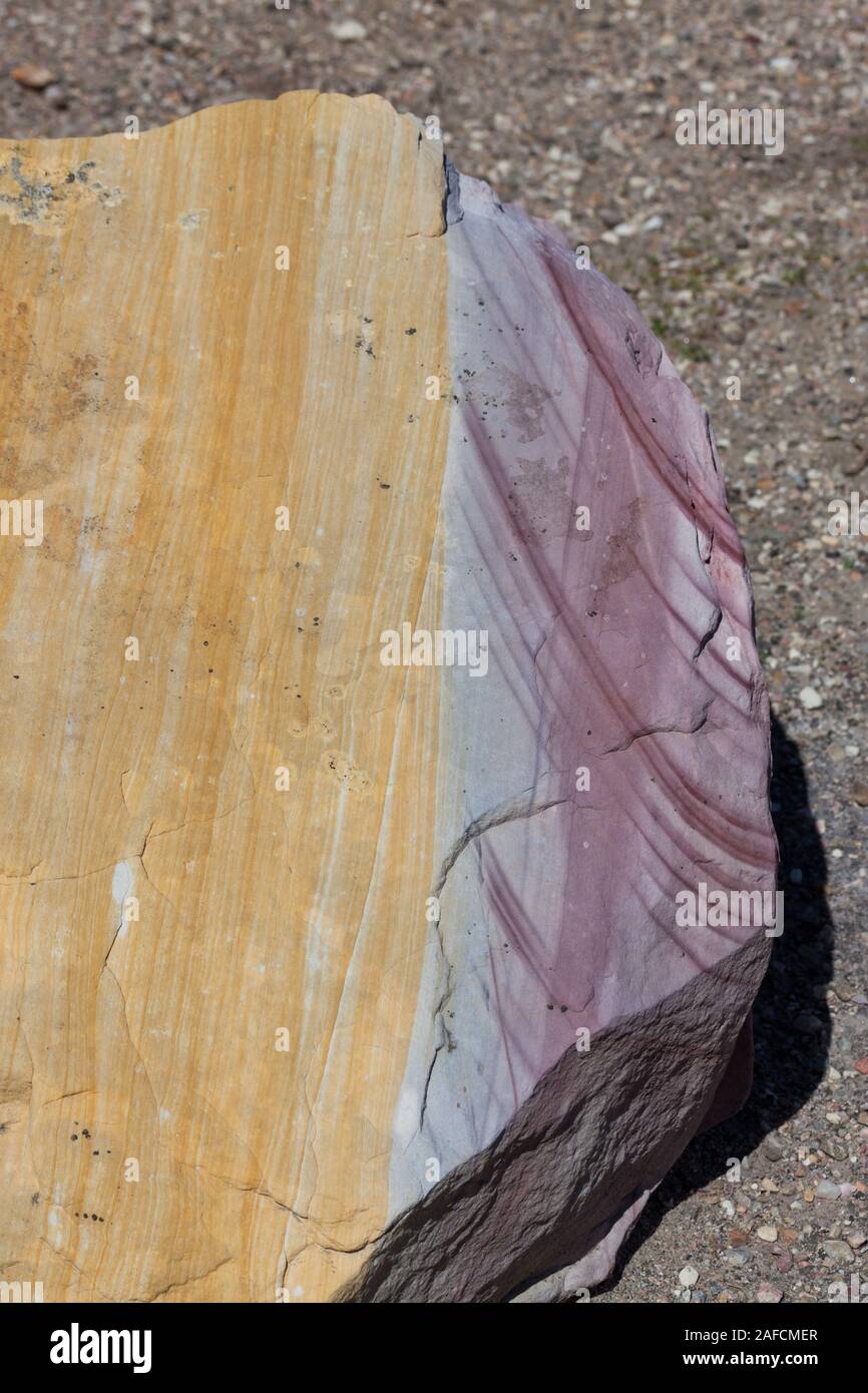 A large slab of sandstone rock showing two distant patterns and colors ...