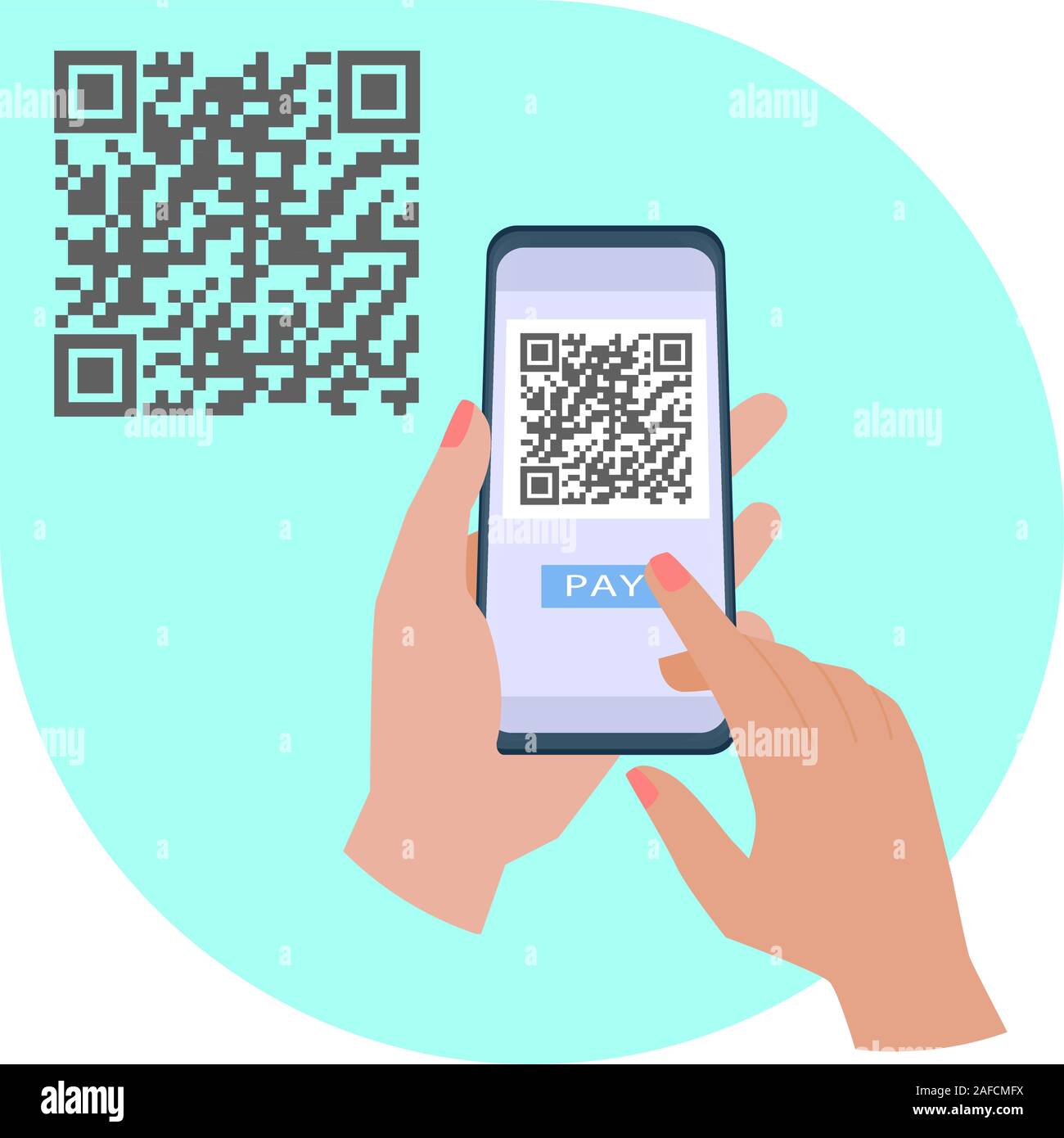 QR code vector illustration. Hand holding smartphone to use application ...