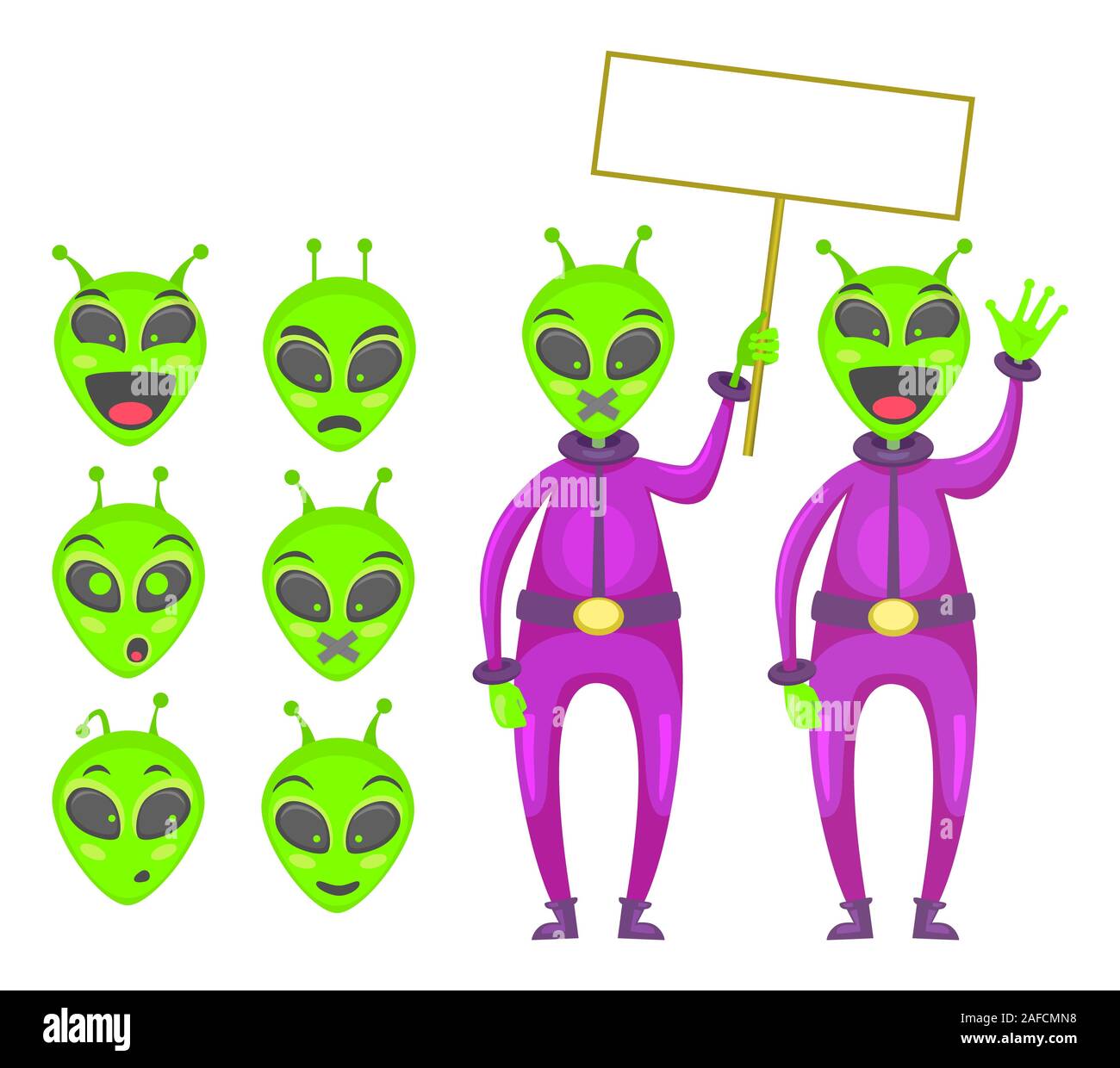 Aliens standing illustration. Alien holding blank signs Stock Photo - Alamy