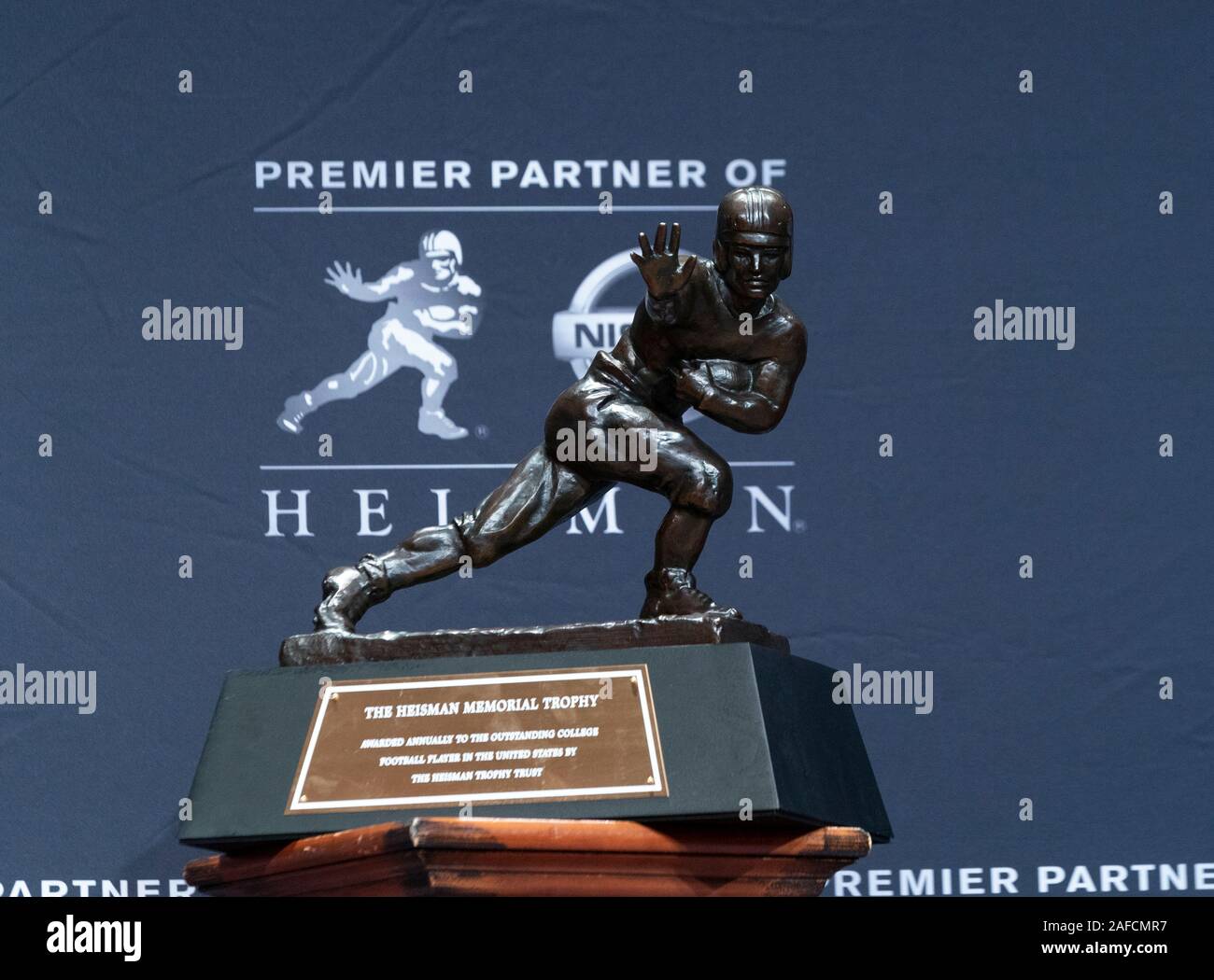 New York, NY - December 14, 2019: Heisman Memorial Trophy trophy on ...