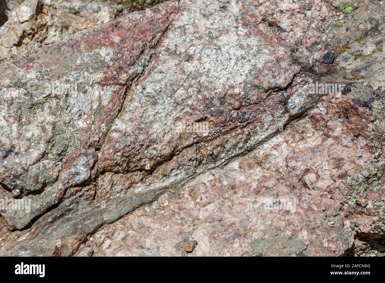 A large rock in the sunshine with details of quartz and shinny mica in ...