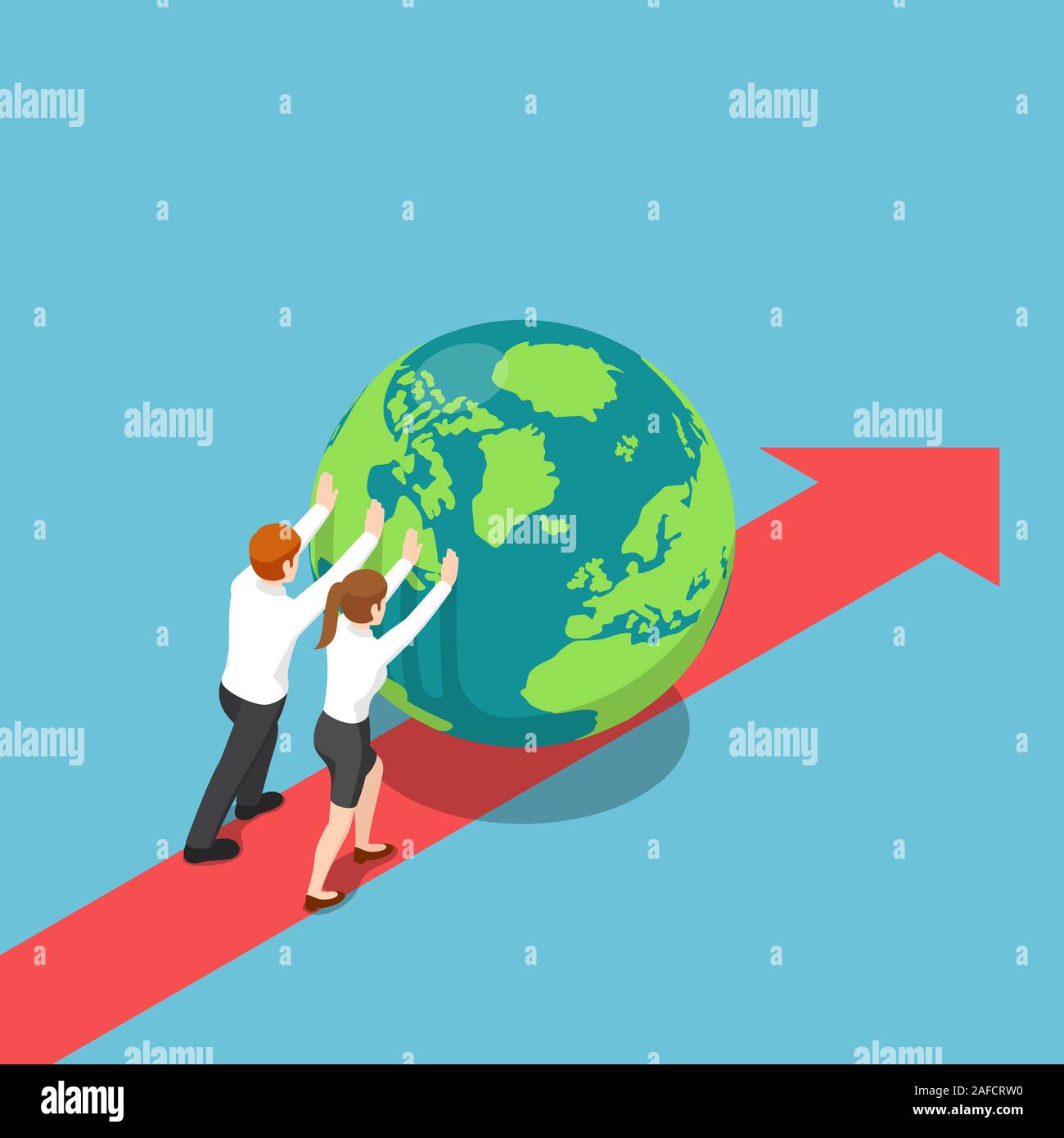 Flat 3d isometric business people push the world forward. Global ...