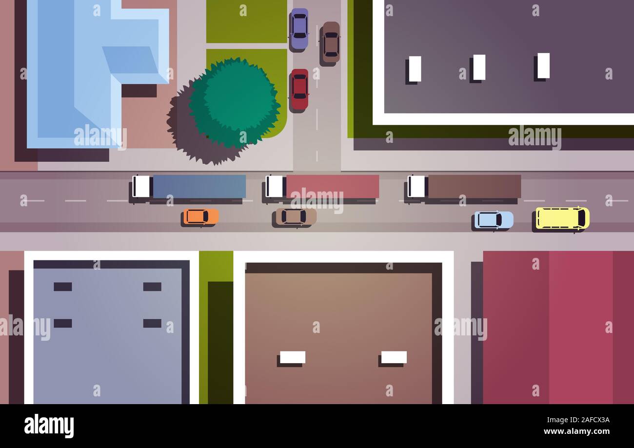 cars driving road city streets with buildings top angle view horizontal ...