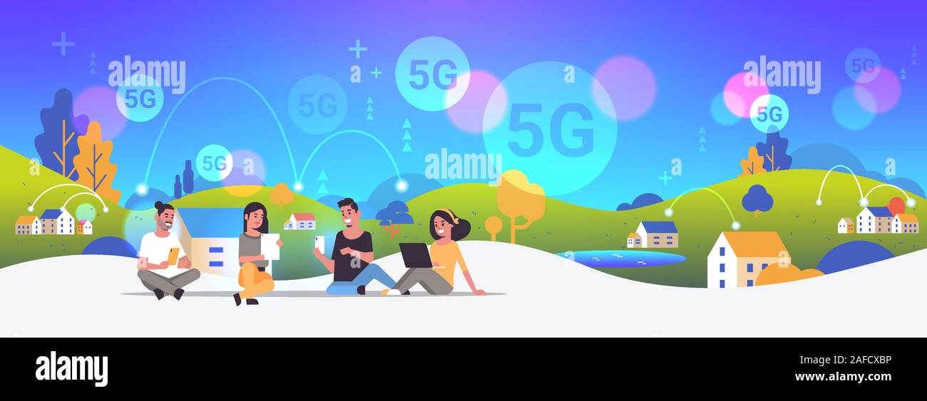 people using digital devices 5G online wireless system connection ...