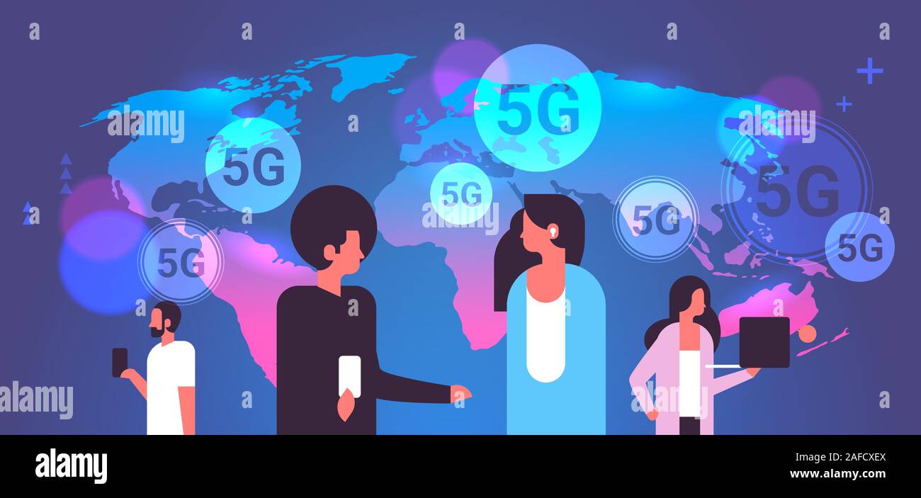 people using digital devices 5G online wireless system connection global communication fifth ...
