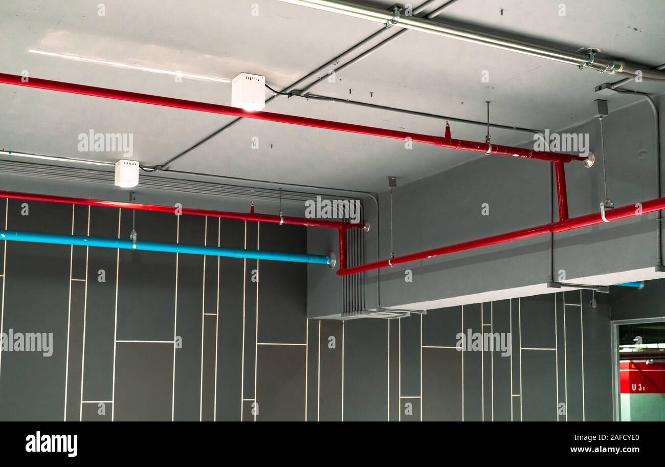 Automatic fire sprinkler safety system and red water supply pipe. Fire ...