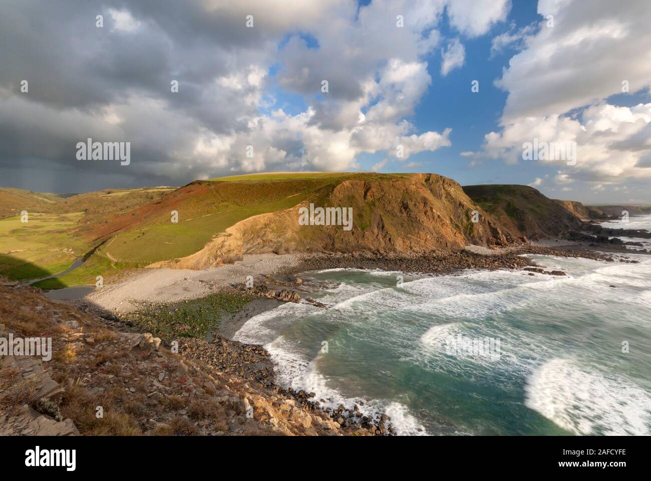 Duck pool beach, North Cornwall, cliffs, sea, waves blue skies and ...