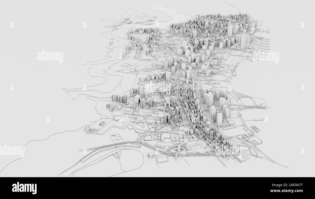 3D white city model. Outline 3D illustration. City with buildings ...