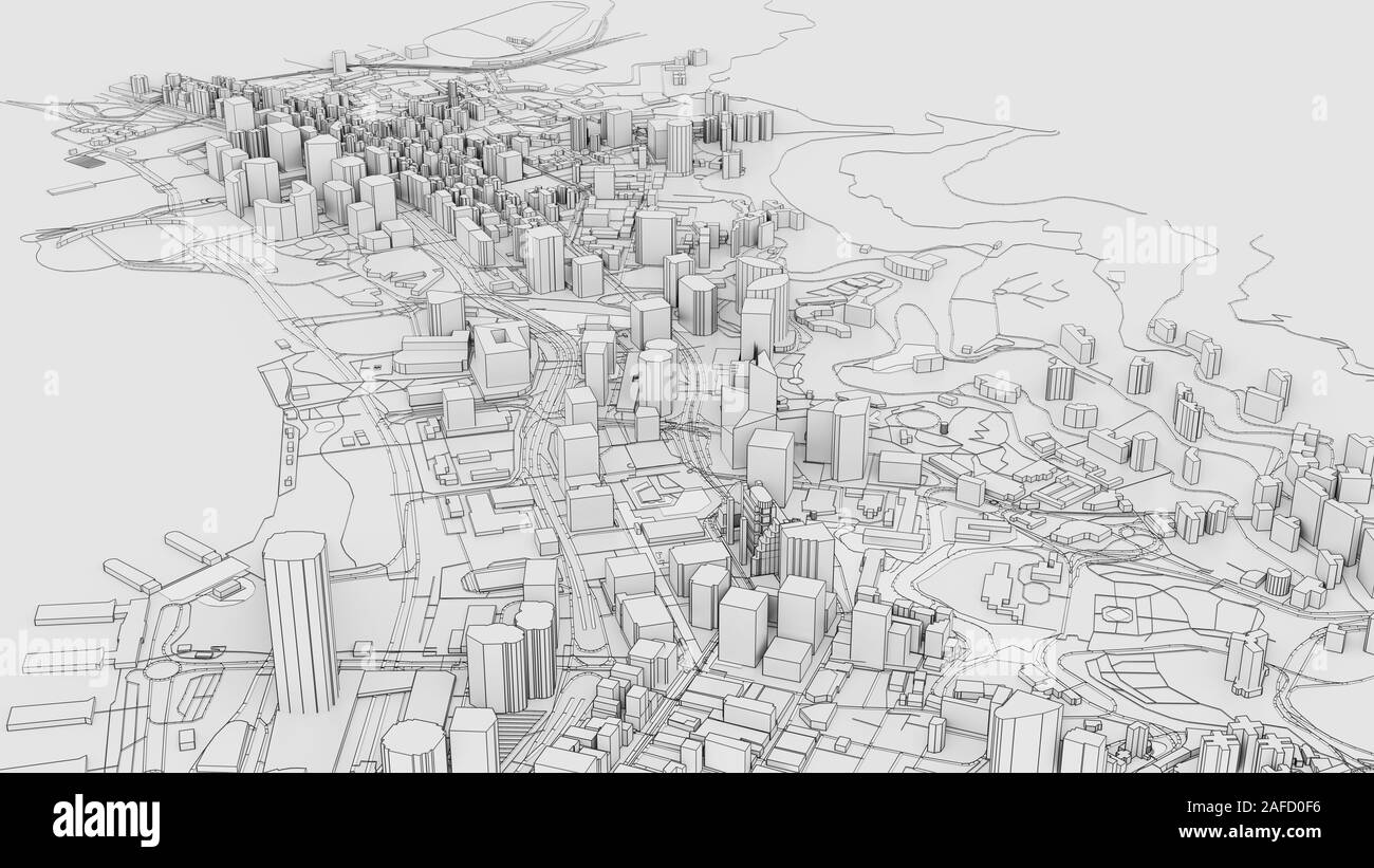 3D white city model. Outline 3D illustration. City with buildings ...