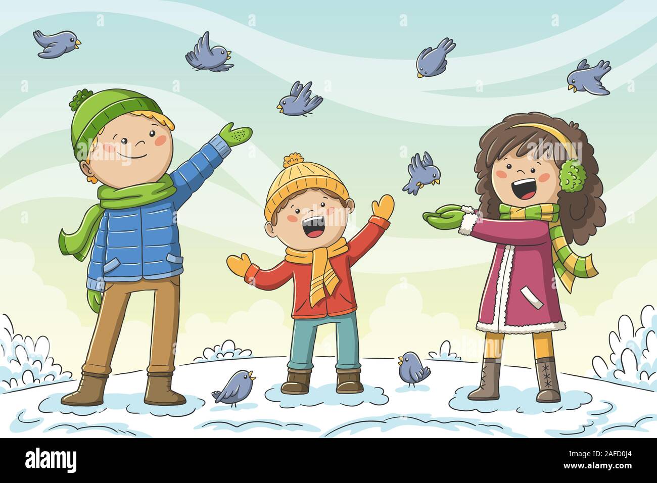 Kids feeds birds in winter. Hand drawn vector illustration with ...