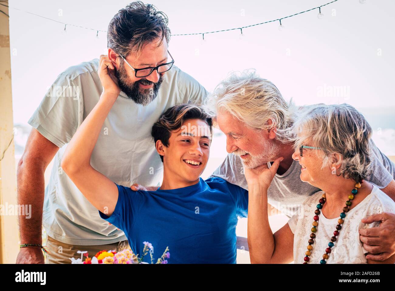 Family caucasian portrait of happy cheerful family with three ...