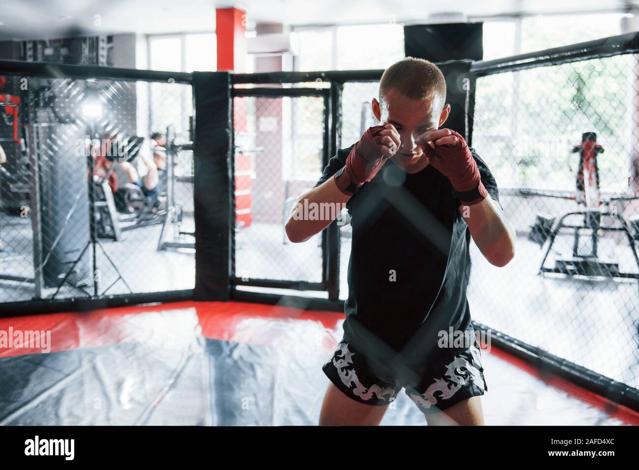 Ready to fight. Young boxer in red bandages have exercise. In the gym ...