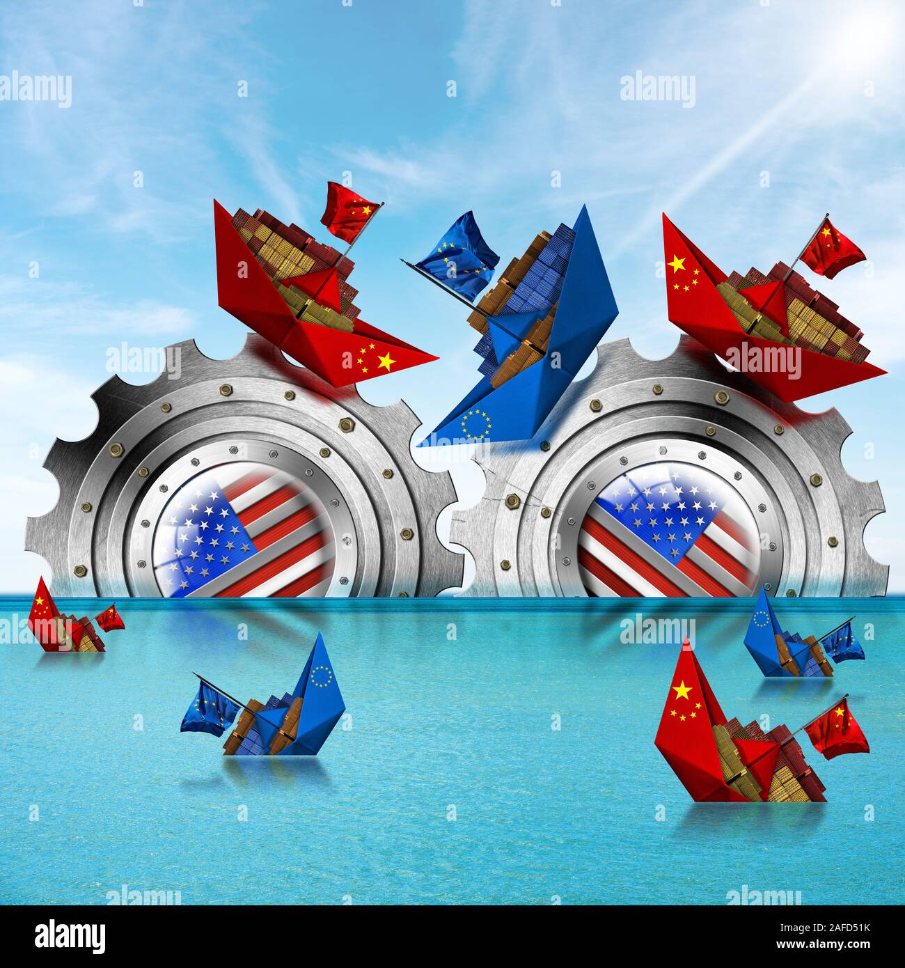 USA, China and Europe Union trade war Concept. US gears crush Chinese ...