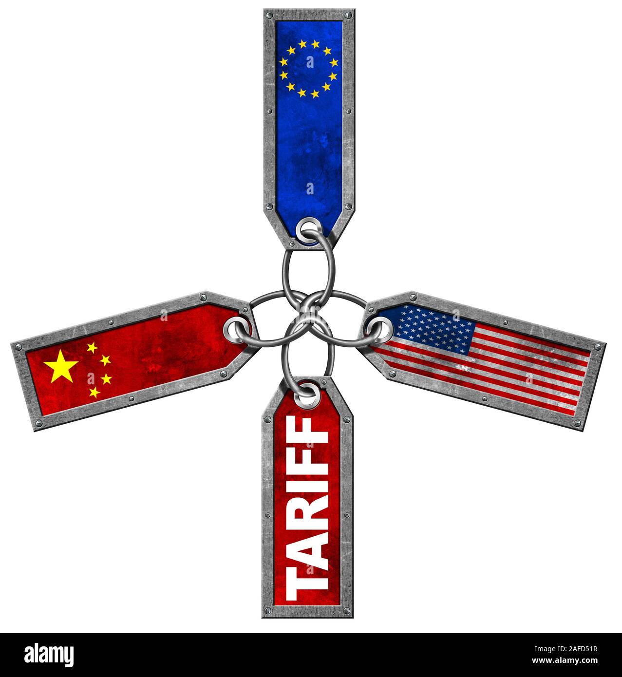 USA, China and Europe Union trade war Concept. Metallic labels with ...