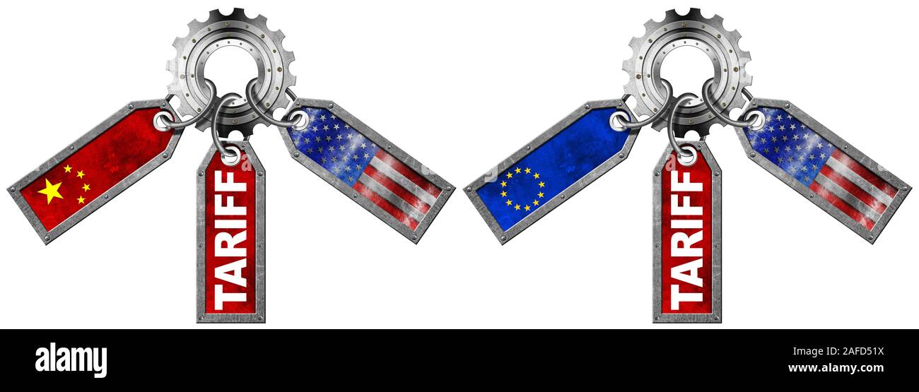 USA, China and Europe Union trade war Concept. Metallic labels with ...