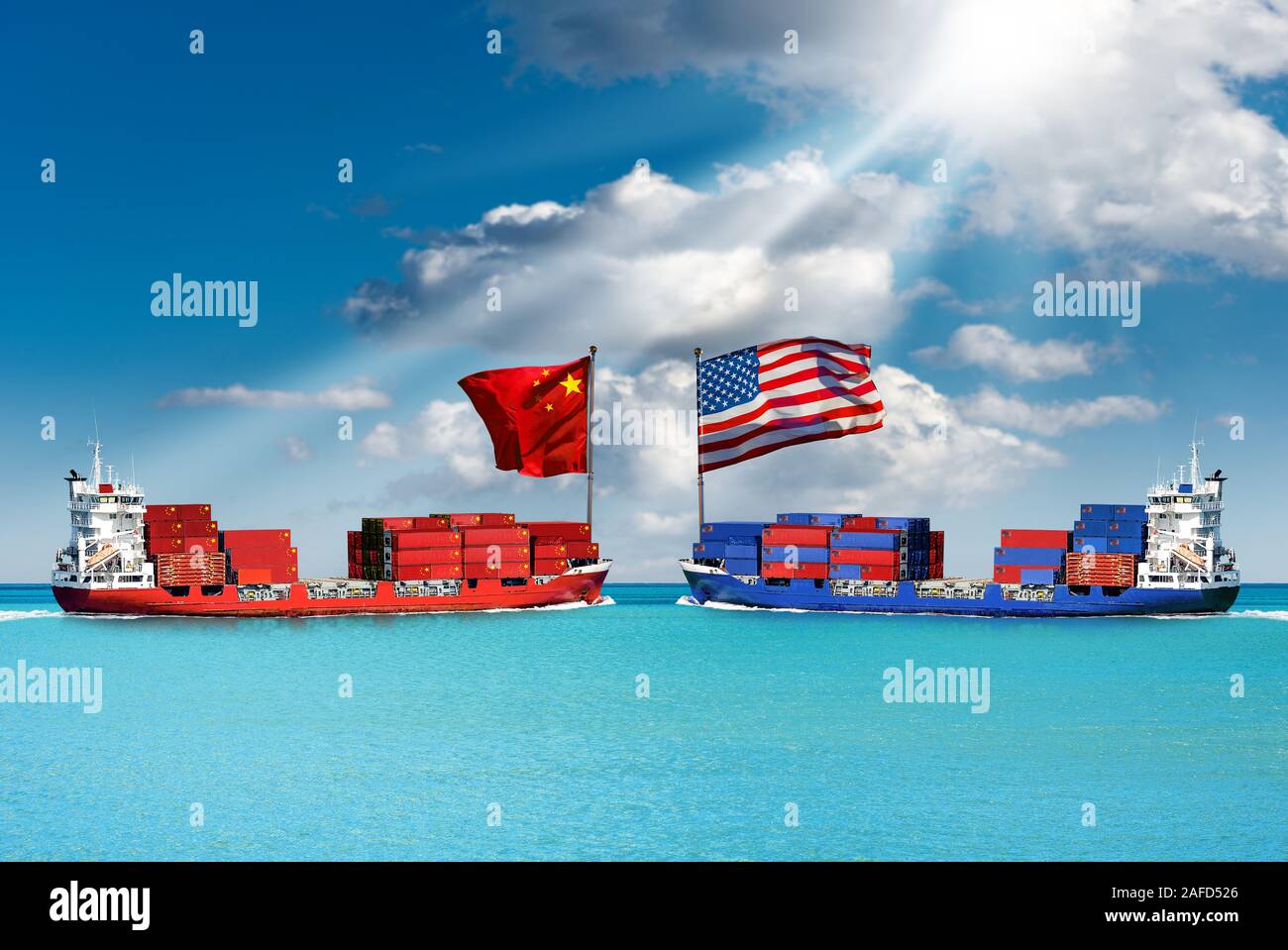 USA and China trade war concept. Two cargo container ships with the ...