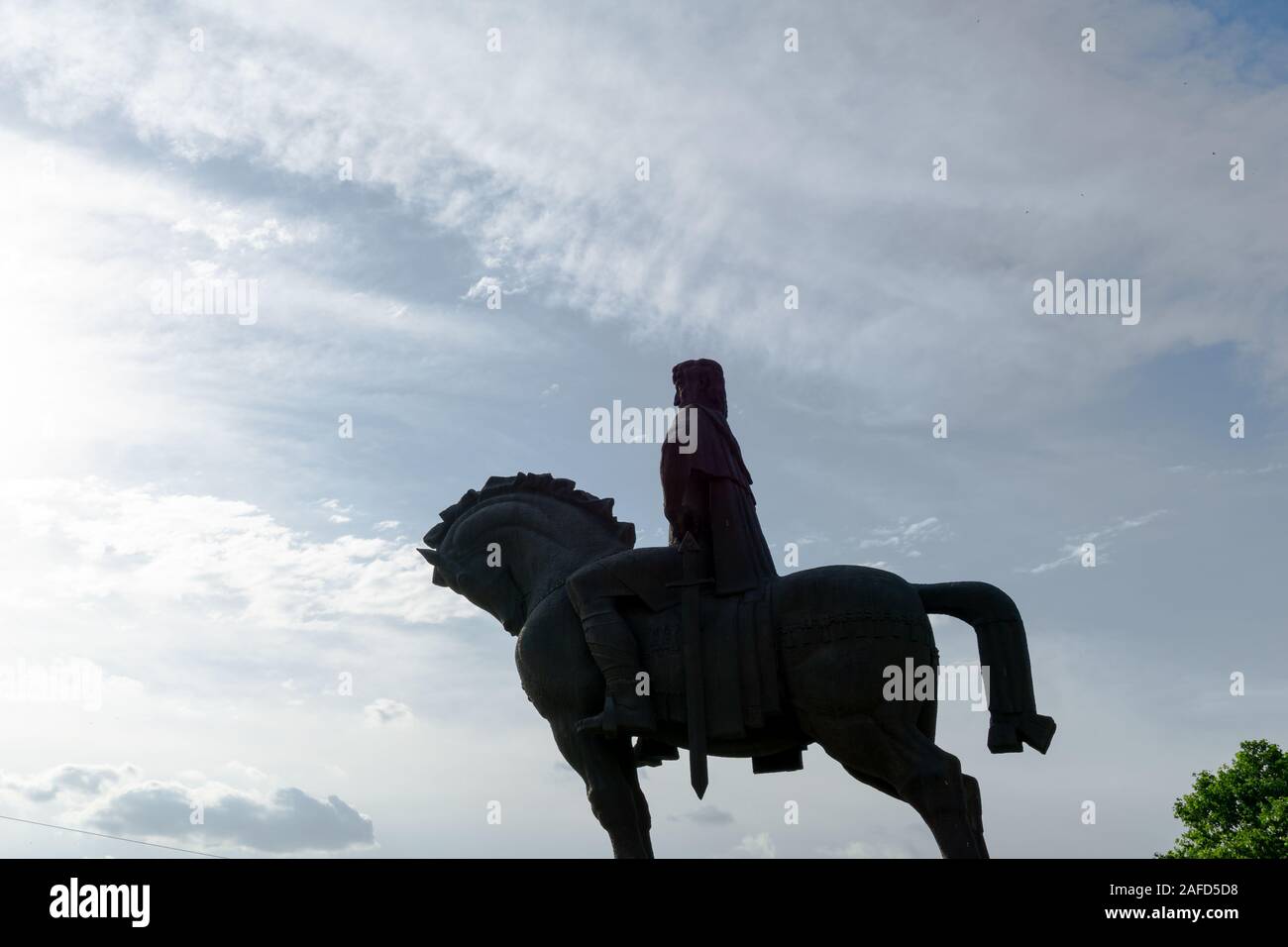 Tbilisi, Georgia, JULY, 2019: Stone equestrian statue rider with sword ...