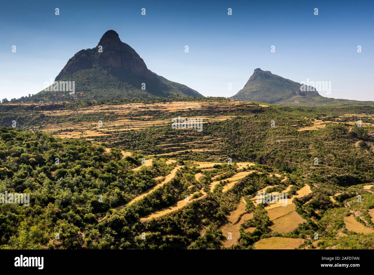 Ethiopia, Tigray, Adwa, terraced fields amongst dramatic volcanic ...
