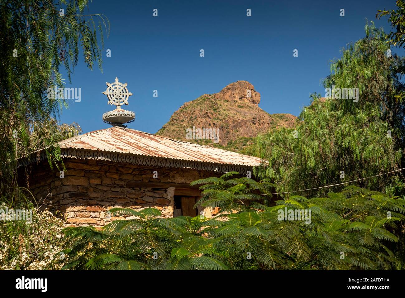 Ethiopia, Tigray, Adwa, Yeha, cross on top of monastery roof Stock ...
