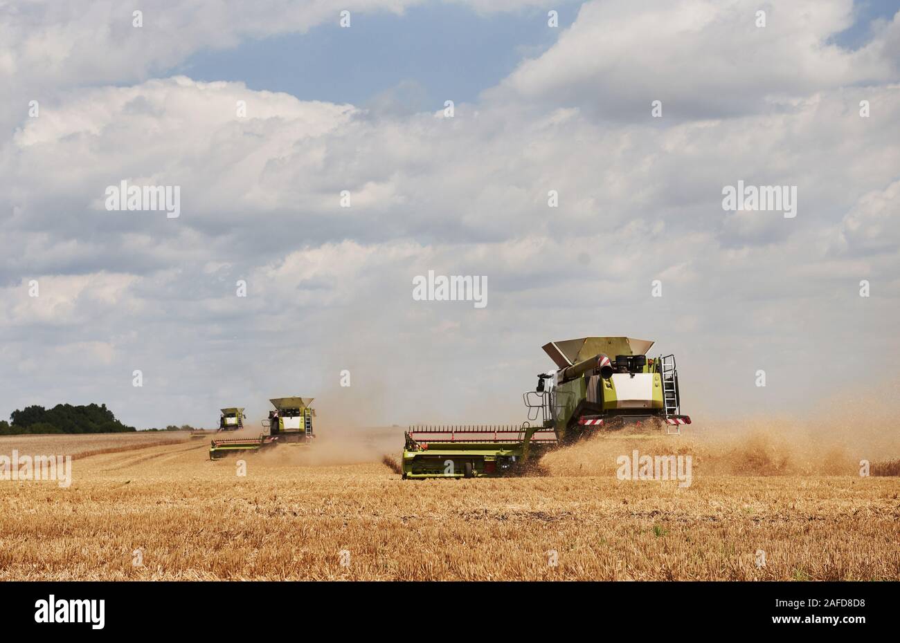 Large combine harvesters working in agriculturic field at summertime ...