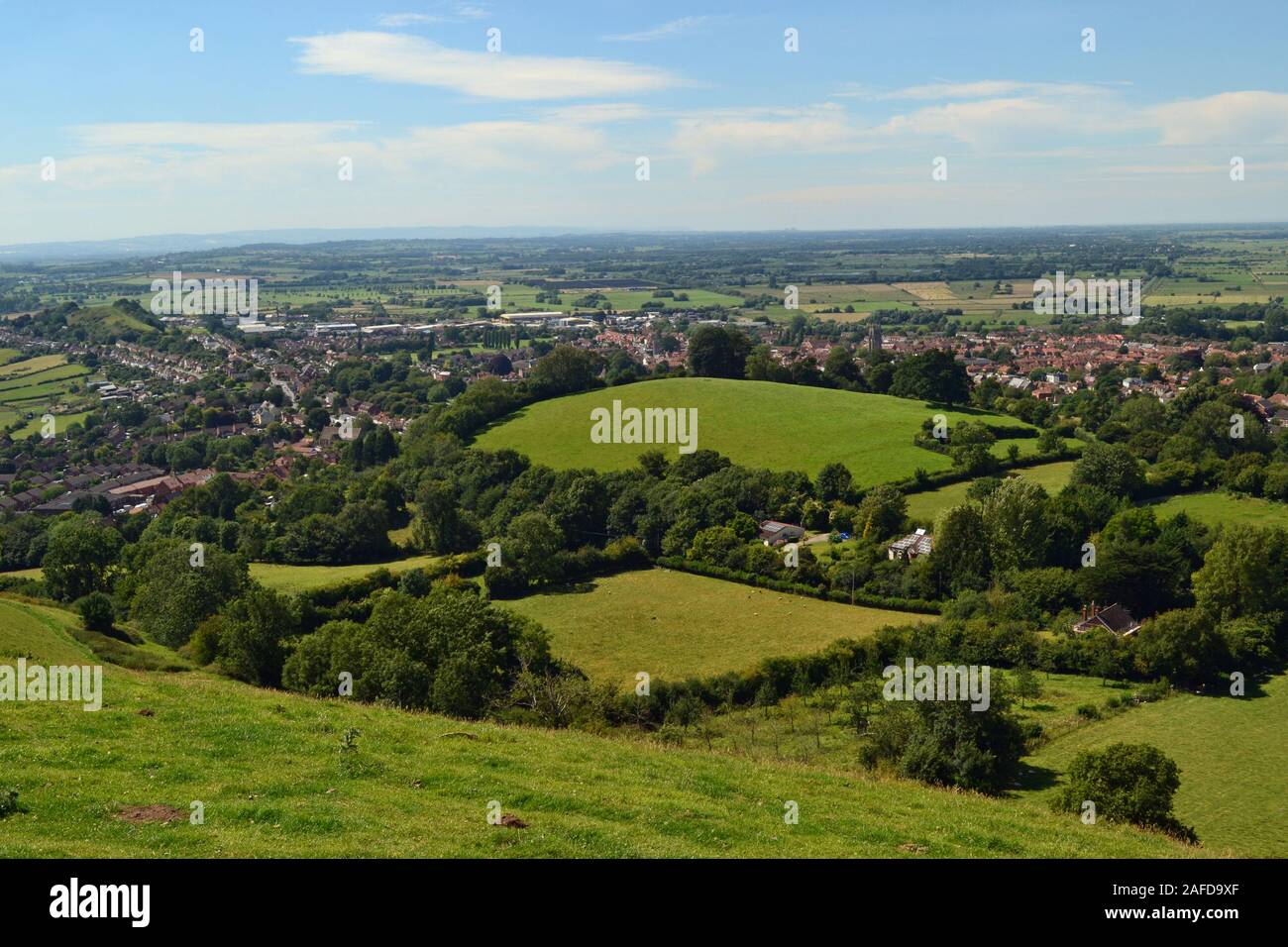View across the Isle of Avalon, from the top of Glastonbury Tor ...