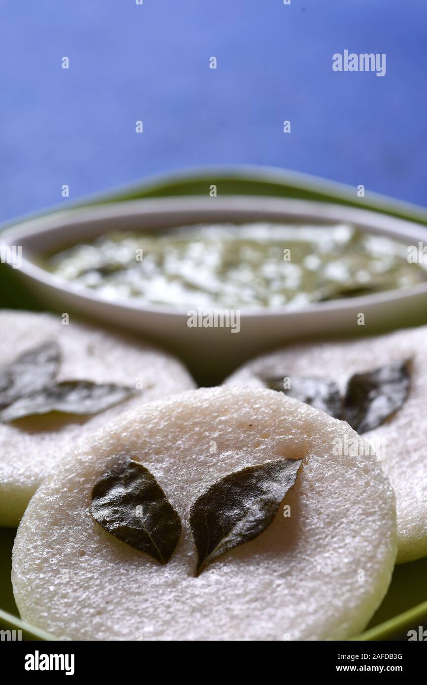Idli with coconut chutney on blue background, Indian Dish : south ...