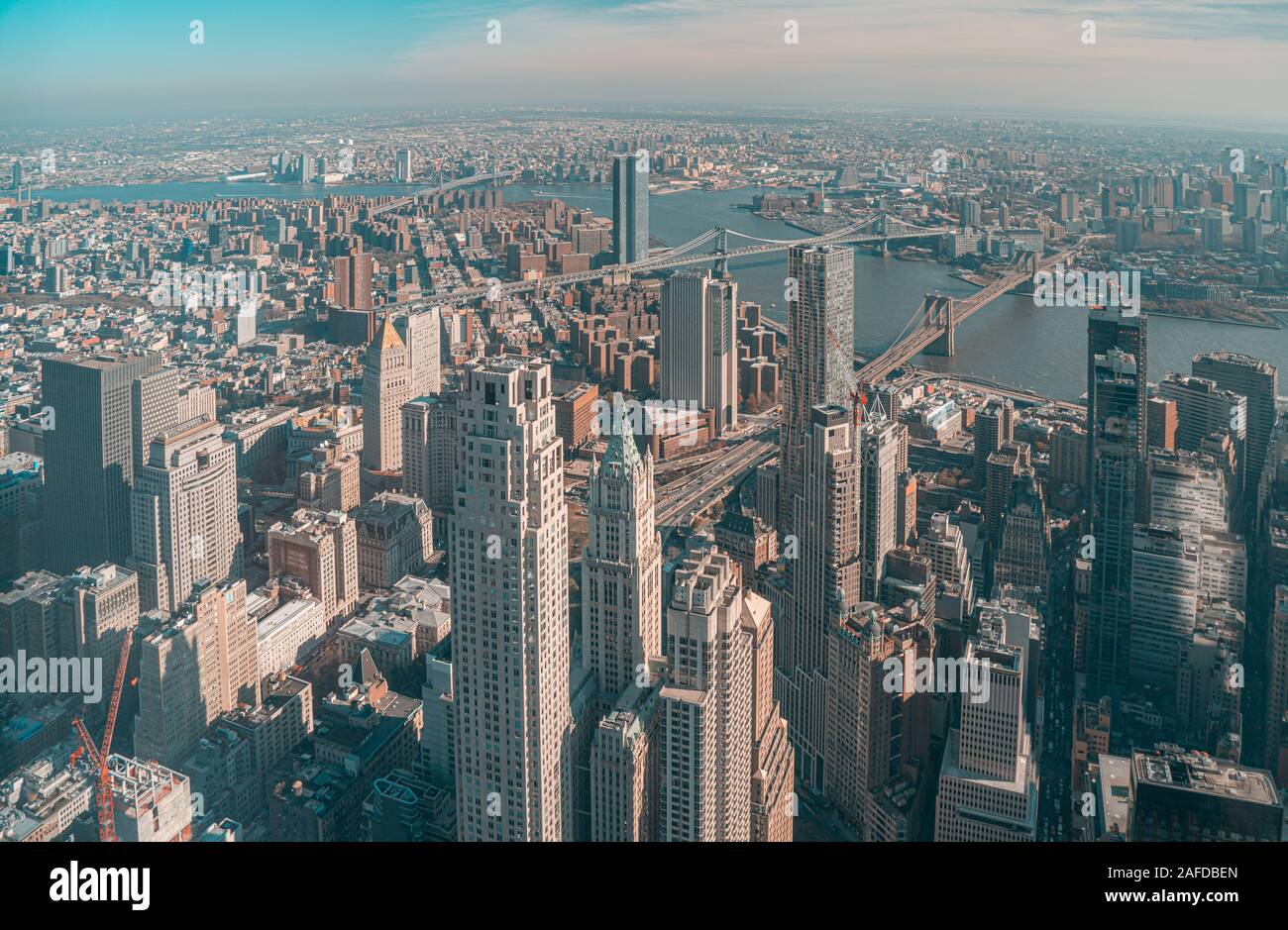Aerial view of Lower Manhattan, Brooklyn Bridge and Manhattan Bridge in ...