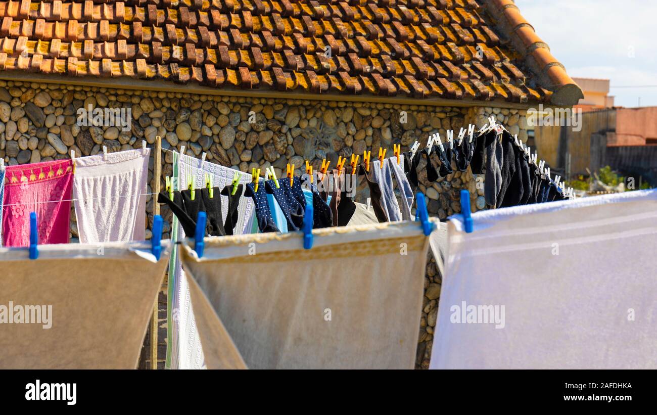 Shared washing lines. Vila Cha, Poto, Portugal. Each family has its own ...
