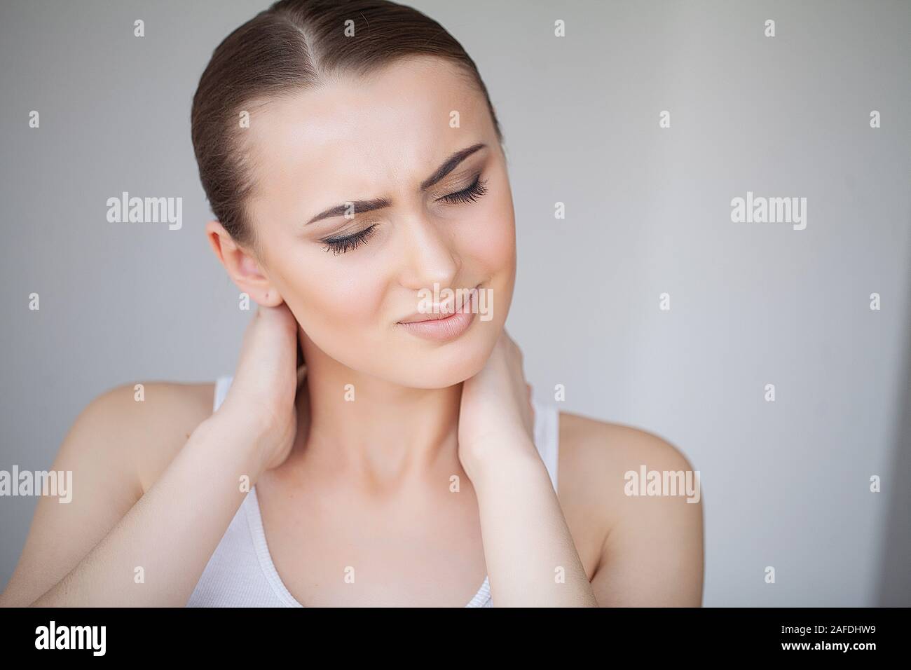 Health and Neck Pain. Beautiful Woman Feeling Sick, Having Headache ...