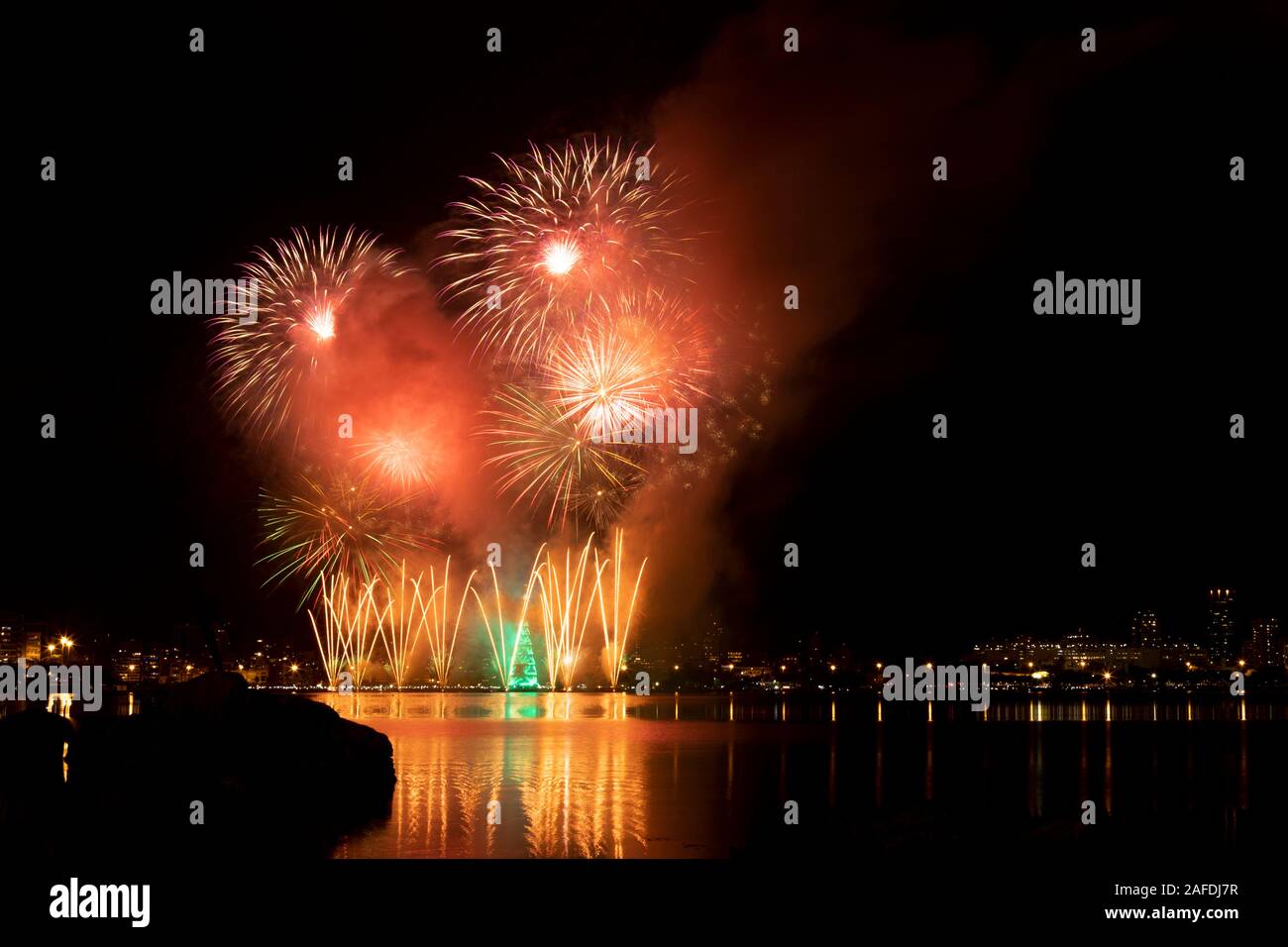 Inauguration of the floating Christmas tree with fireworks reflecting ...