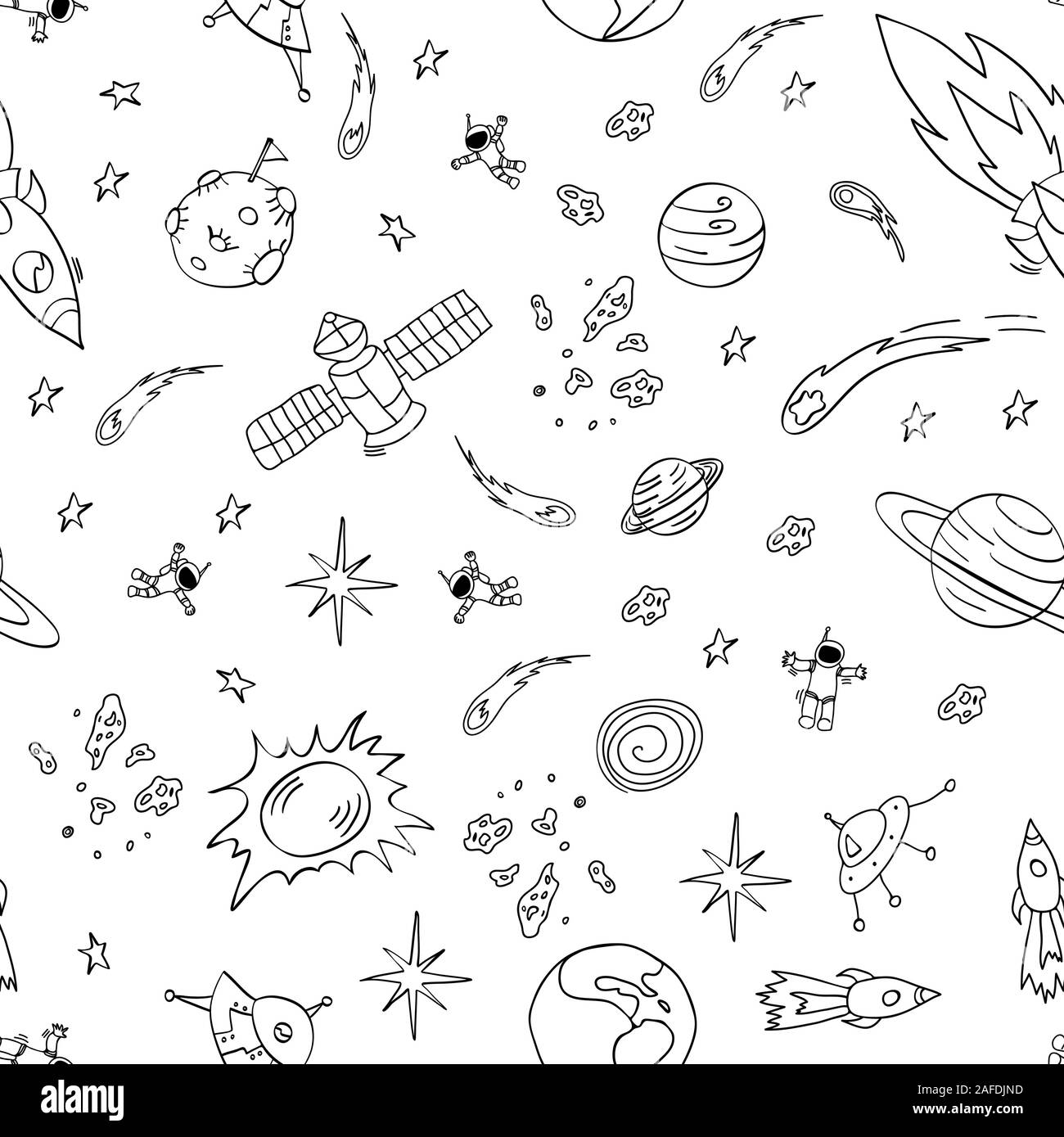 Hand drawn space seamless pattern. Black outline objects on white ...