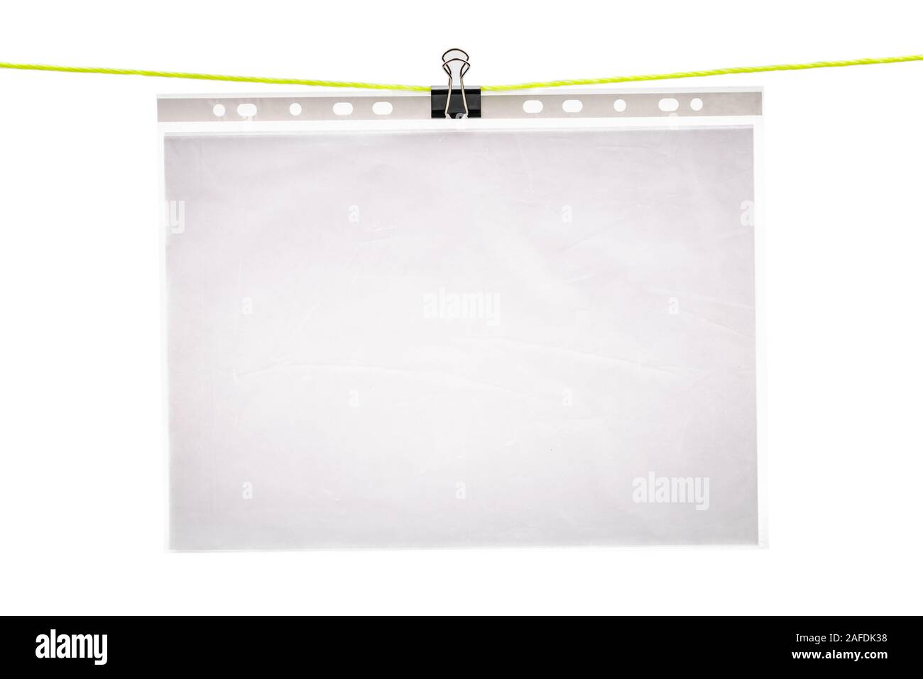 Blank advertising paper in plastic file hang on clip with clipping path ...