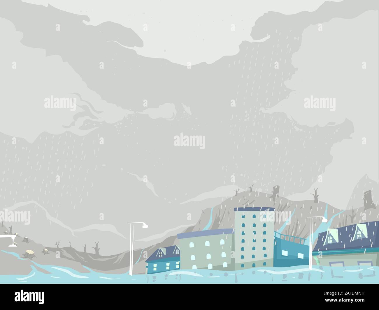 Background Illustration of Flooded Buildings and Deforestation Border ...