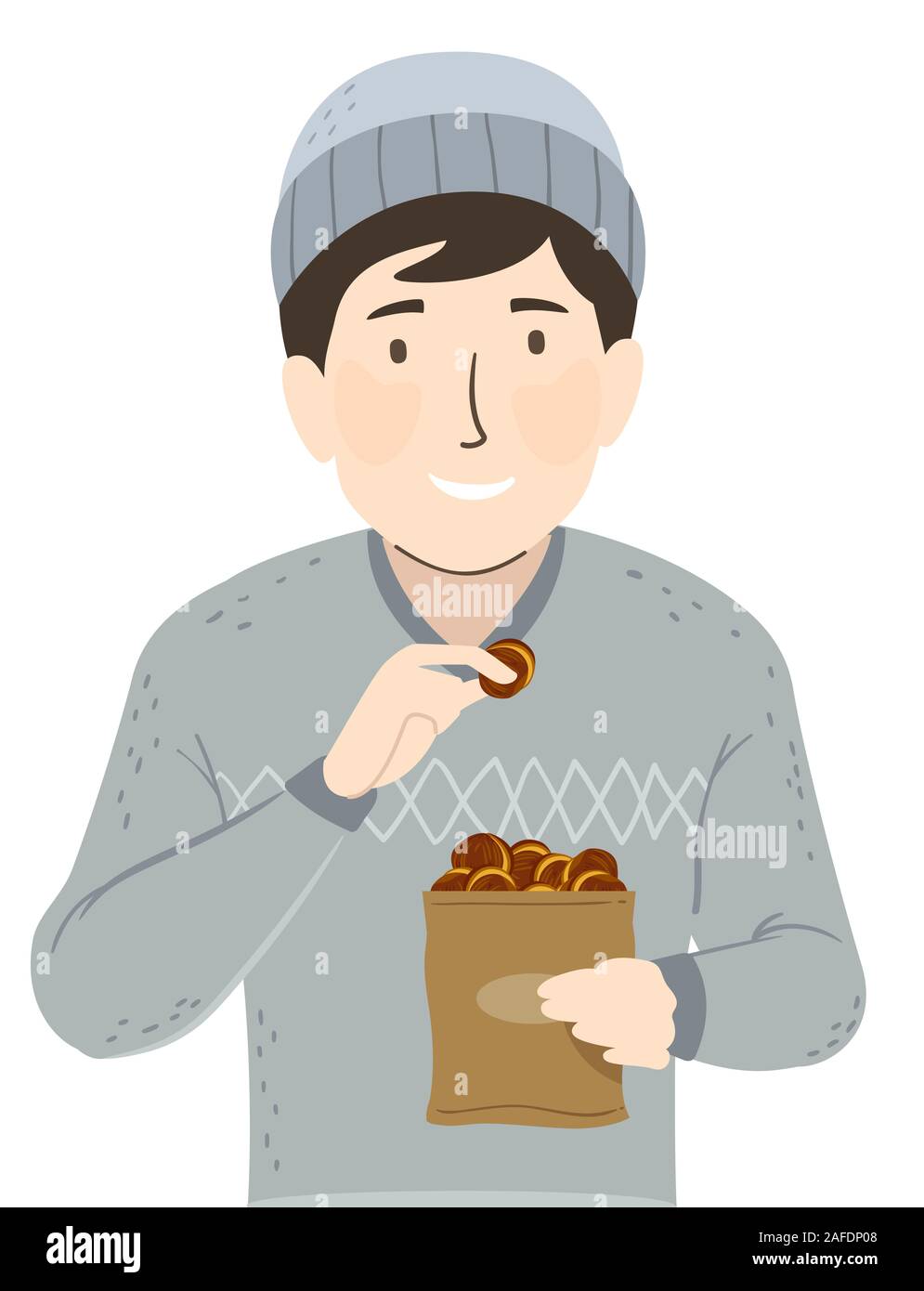 Illustration of a Man Eating a Bag of Roasted Chestnuts Stock Photo - Alamy