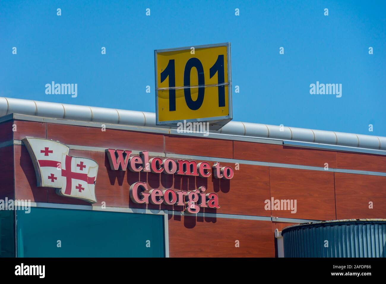 TBILISI, GEORGIA. JULY 24, 2019. Tbilisi welcome sign at the gate apron ...
