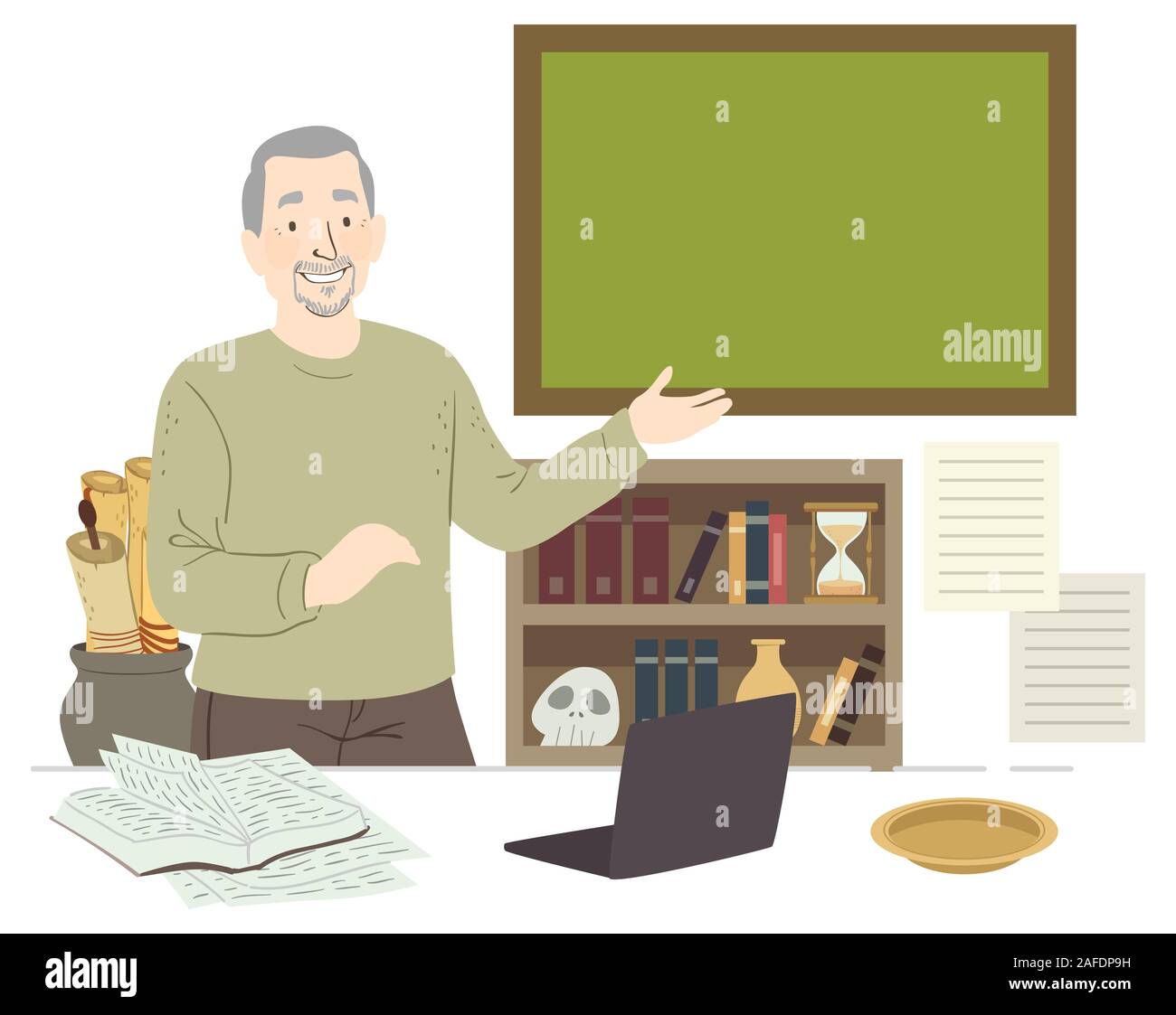 Illustration of a Senior Man History Teacher with Open Books and Laptop ...