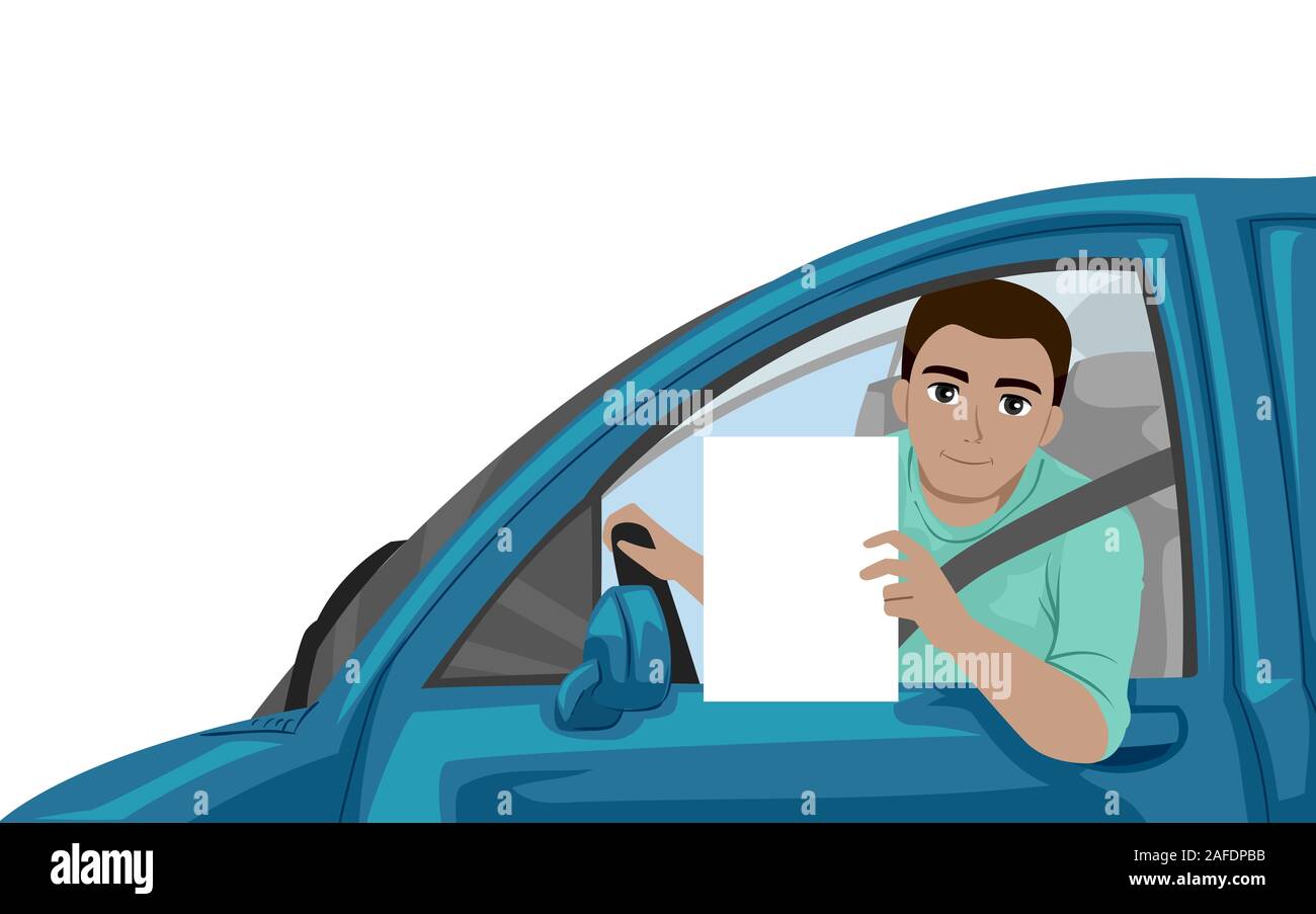 Illustration of a Teenage Guy Driving a Car and Holding a Blank Paper ...