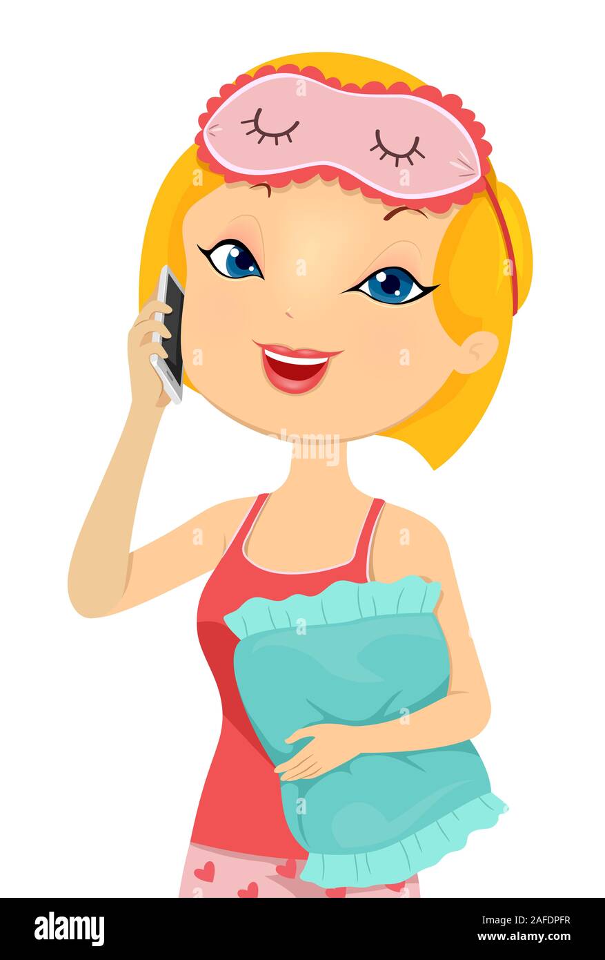 Illustration of a Girl Wearing Mask and a Pillow Using Mobile Phone ...